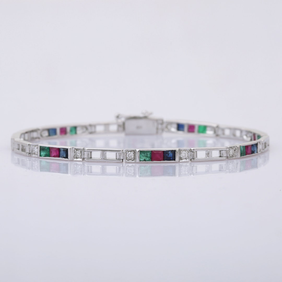 Emerald Ruby Blue Sapphire Diamond Tennis Bracelet 925 Sterling Sliver ...