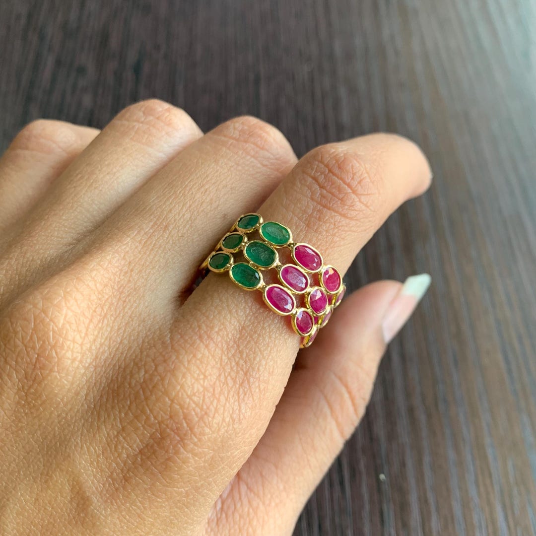 Natural Ruby Emerald Ring, Solid 18K Gold Ruby Ring, Stackable Wedding ...