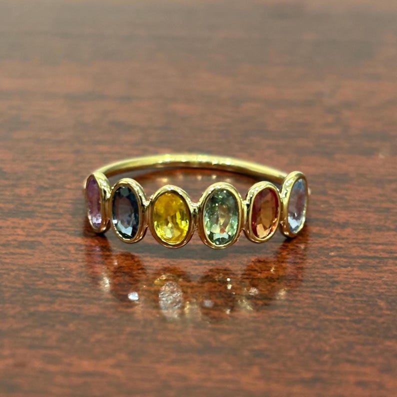 Solid 18K Gold Multi Sapphire Band Ring, Half Eternity Ring, Rainbow ...