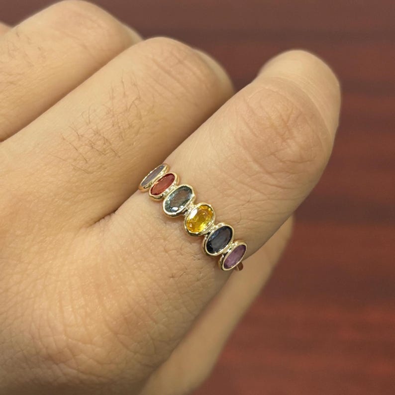 Solid 18K Gold Multi Sapphire Band Ring, Half Eternity Ring, Rainbow ...