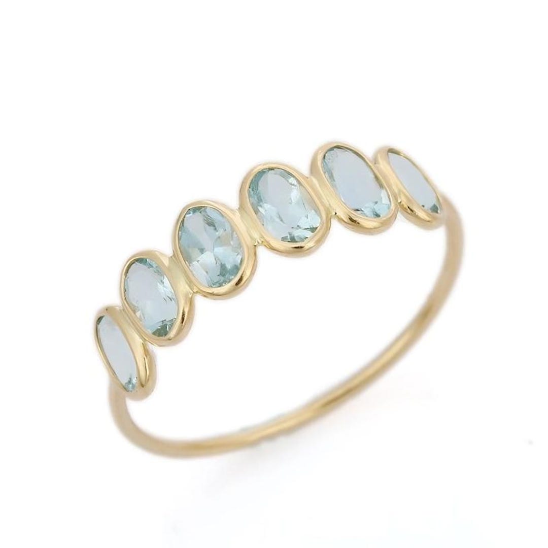Natural Aquamarine Ring, Solid 18k Gold Half Eternity Stacking Wedding ...