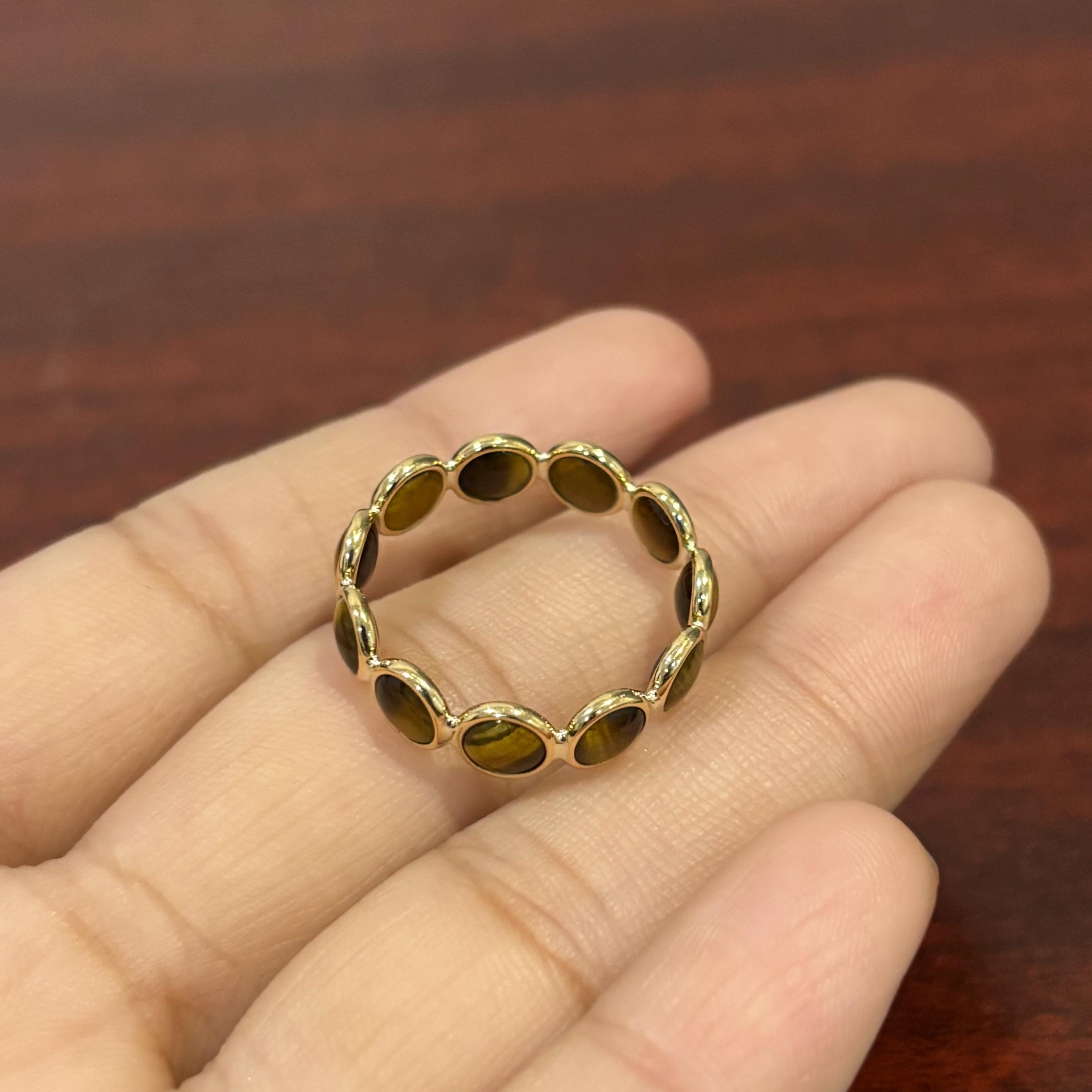 Natural Tiger's Eye Band Ring, Solid 18k Gold Eternity Band Ring ...