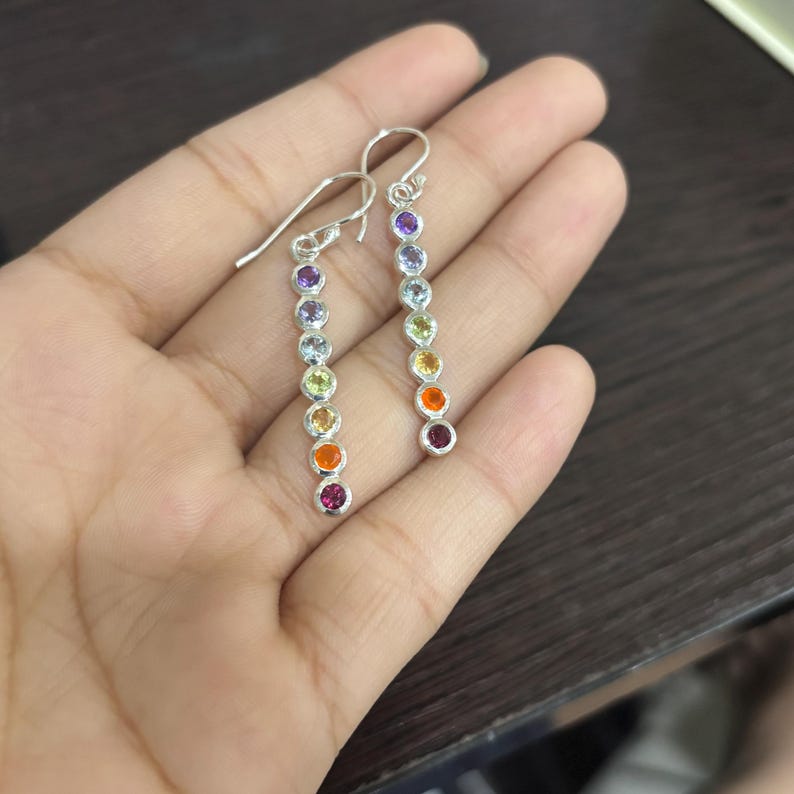 Chakra Earrings, 925 Sterling Silver, Dangle Drop Earrings, Natural 7 ...