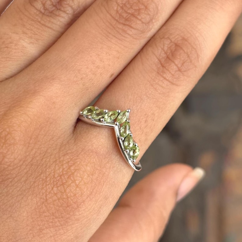 Natural Peridot Curved Ring, Marquise Peridot Band, 925 Sterling Silver ...
