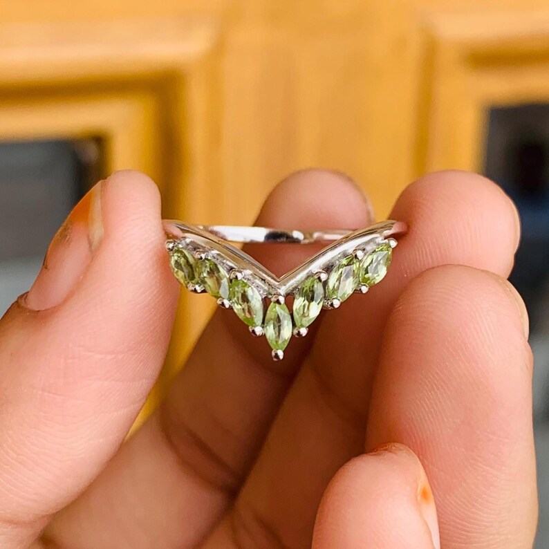 Natural Peridot Curved Ring, Marquise Peridot Band, 925 Sterling Silver ...