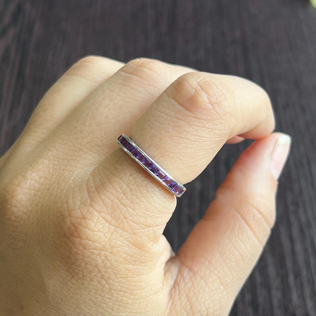 Sterling Silver Princess Cut Amethyst Band Ring, Amethyst Half Eternity ...