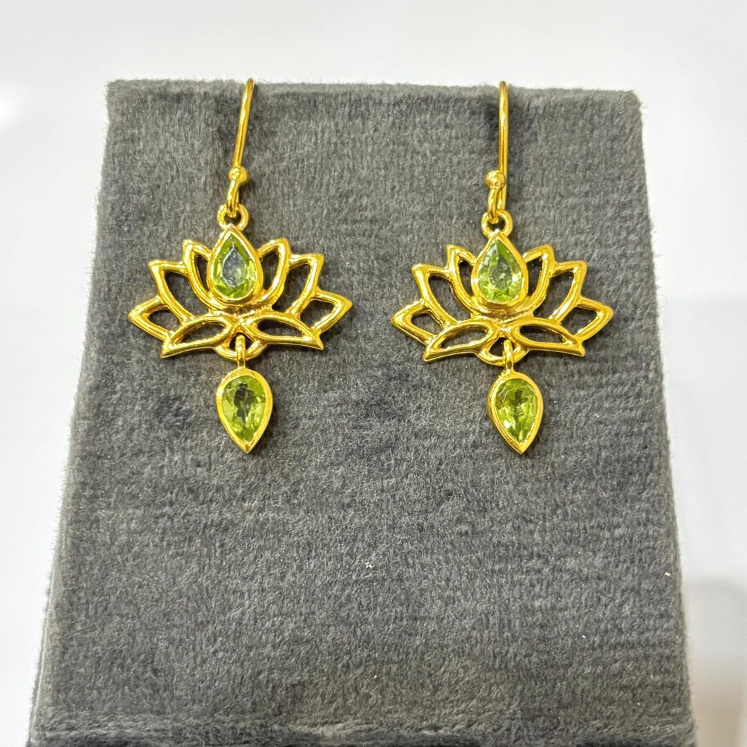 Peridot Earrings, Silver Lotus Earrings, Lotus Dangle Earring, Lotus ...