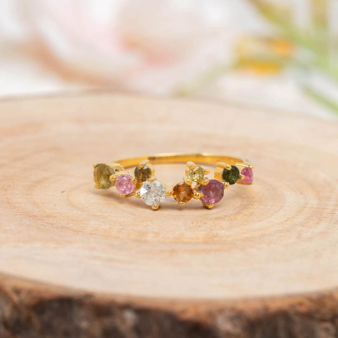 Natural Multi Tourmaline Ring, Sterling Silver Ring, Round Cut ...