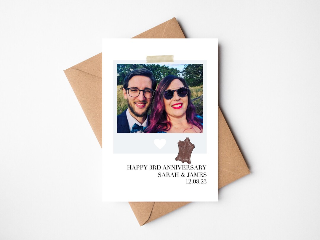 Personalised Third Anniversary Card Leather Anniversary Polaroid Style ...