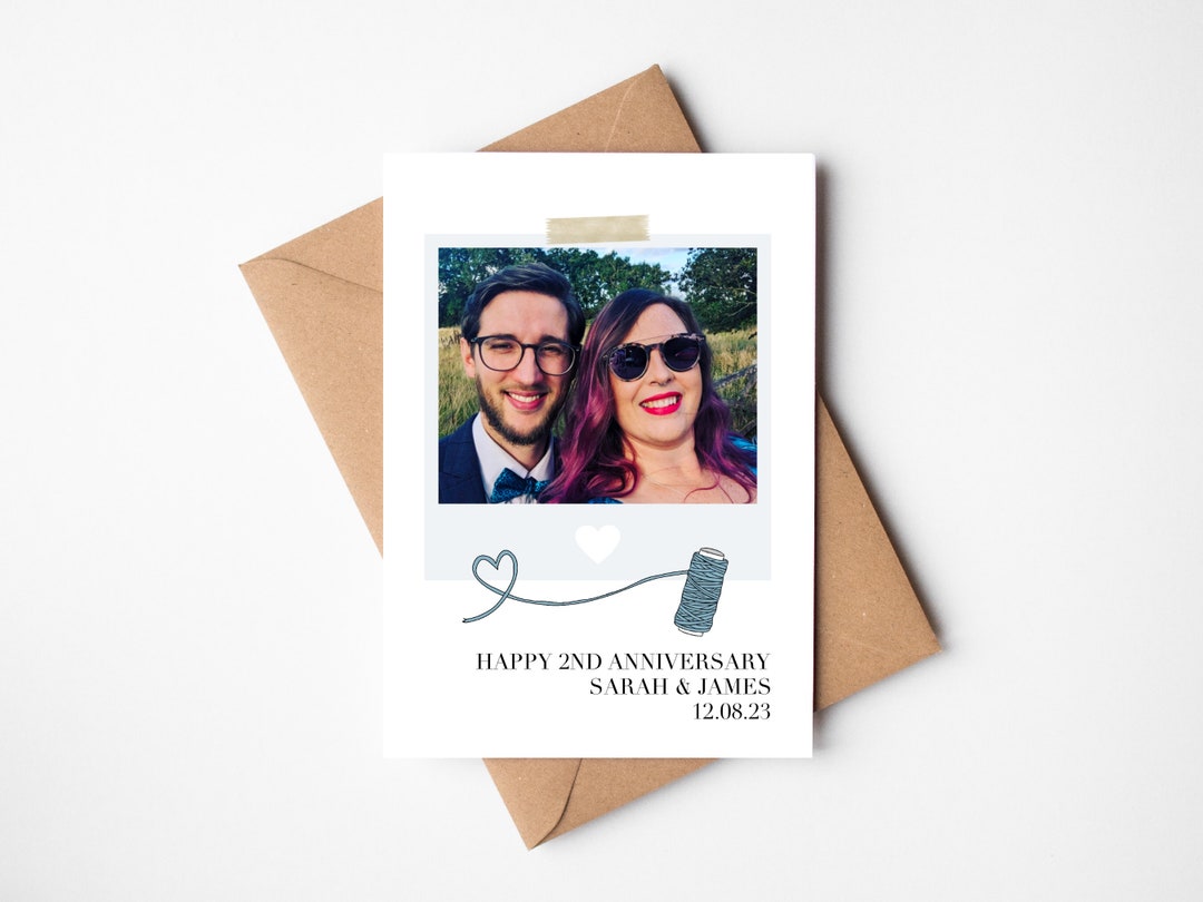 Personalised Second Anniversary Card Cotton Anniversary Cotton Reel Polaroid Style Card Photo ...