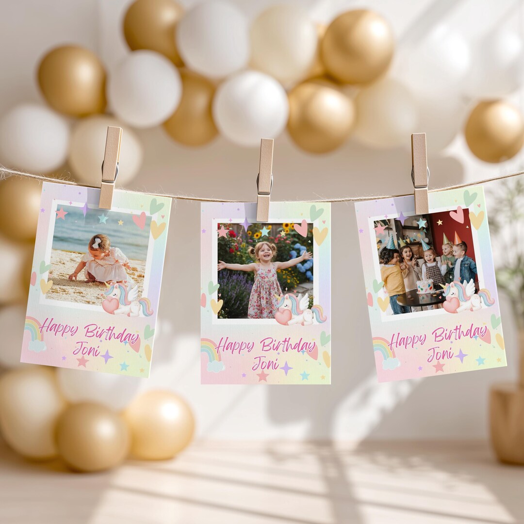 Editable Photo Birthday Banner | Pastel Rainbow Unicorn Bunting | Canva ...