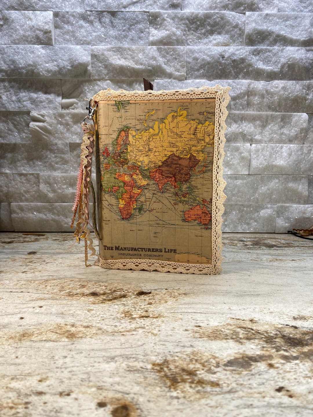 Antique Junk Journal - 1920's World Map- Handmade Vintage - Free Shp in ...