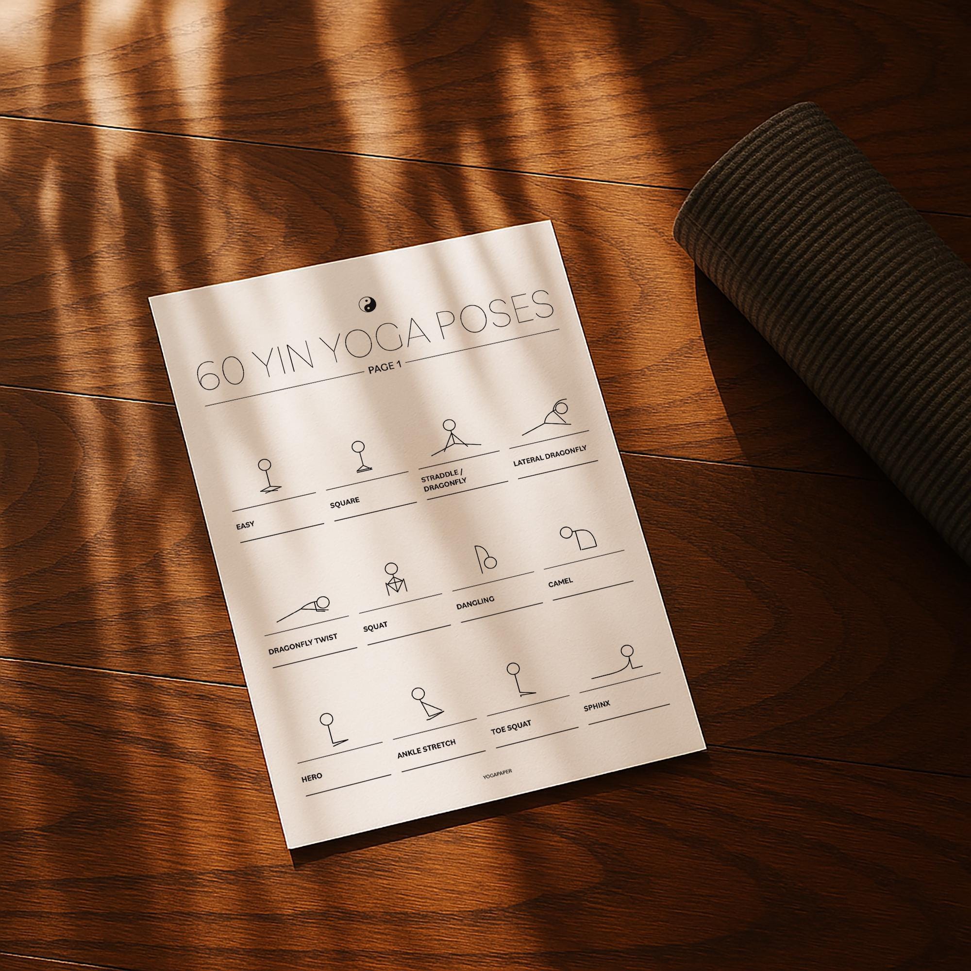 Yin Poses Cheat Sheet: 60 Yin Yoga Poses in English With Stick-figure ...