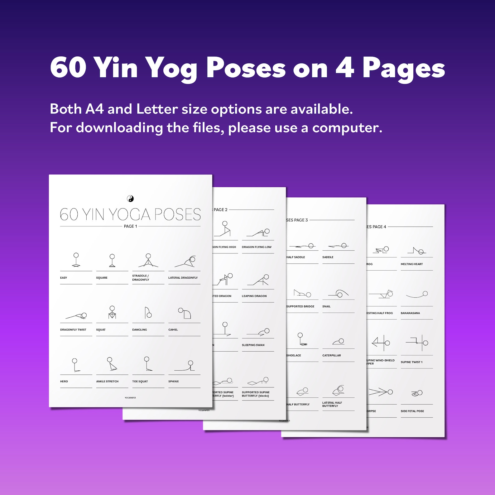 Yin Poses Cheat Sheet: 60 Yin Yoga Poses in English With Stick-figure ...