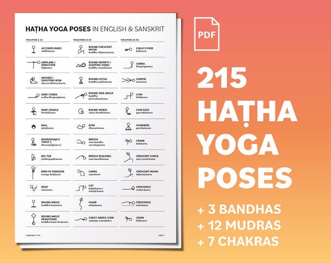 108 Yoga Stick Figure Poses english & Sanskrit Names Included 2 Page ...