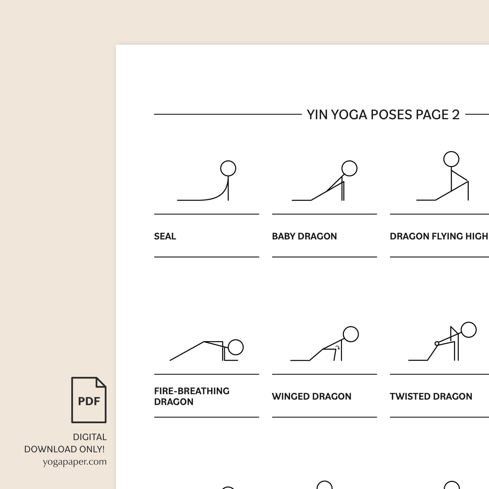 Yin Poses Cheat Sheet: 60 Yin Yoga Poses in English With Stick-figure ...