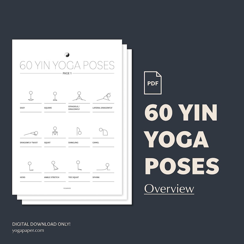 Yin Poses Cheat Sheet: 60 Yin Yoga Poses in English With Stick-figure ...