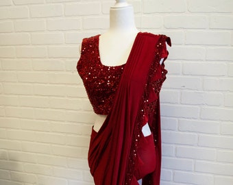 Red Sequin Saree | Etsy