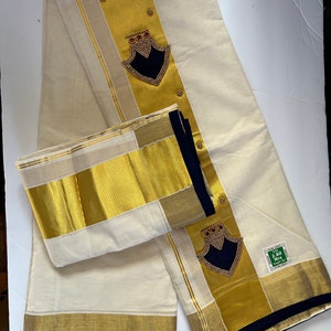 Traditional Kerala Golden Set Mundu With Navy Blue Stitched Blouse - Etsy