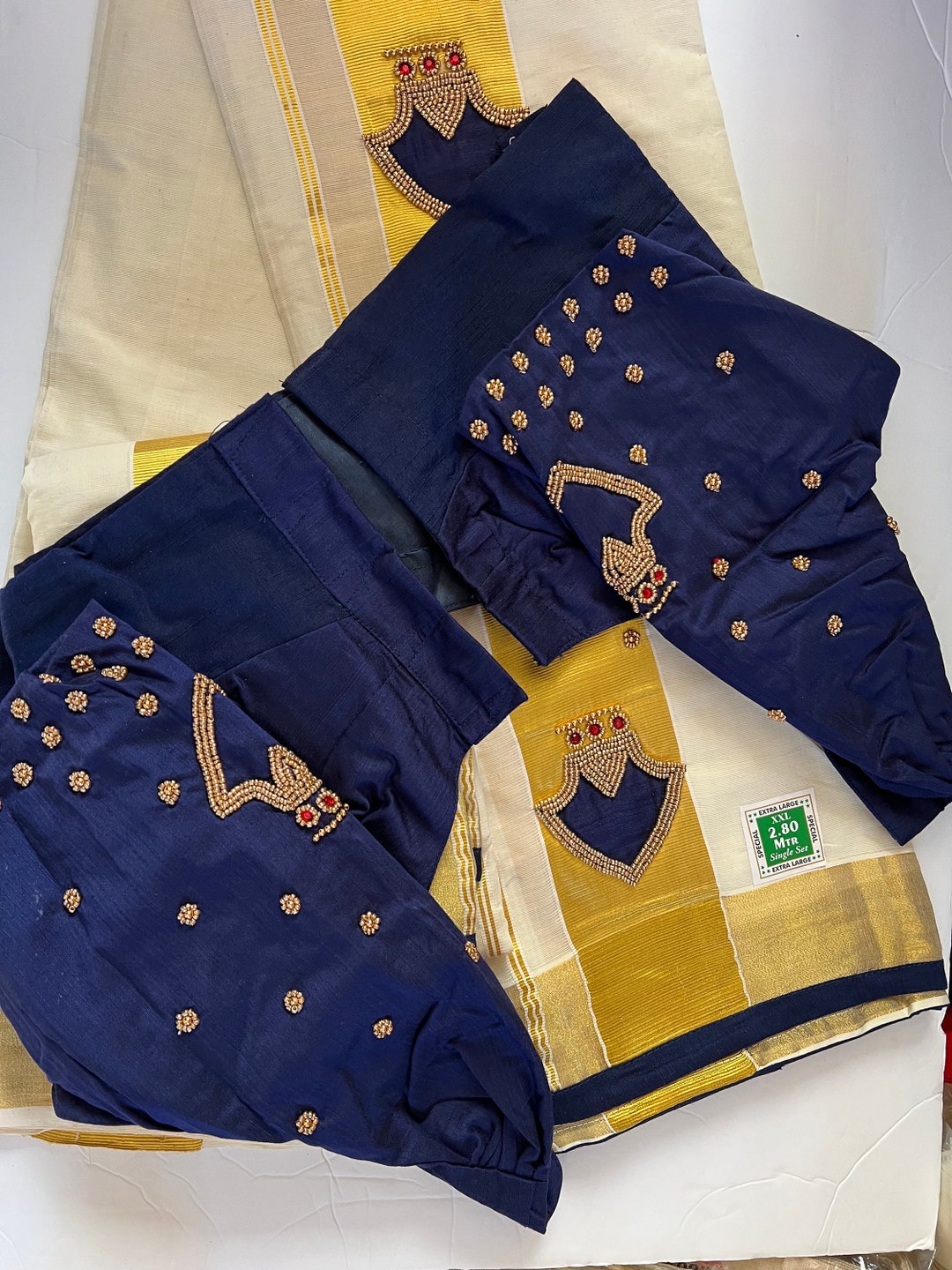 Traditional Kerala Golden Set Mundu With Navy Blue Stitched Blouse - Etsy