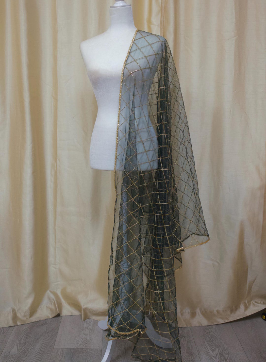 Forest Green and Gold Net Dupatta - Etsy
