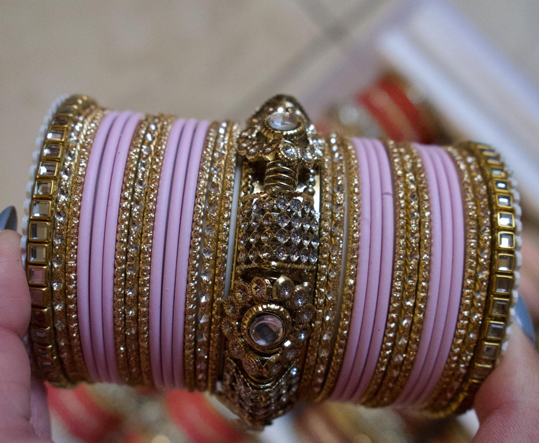 Indian Pakistani Bangle One Set Chudiyan Baby Pink and Gold ( Size 2.4 ...