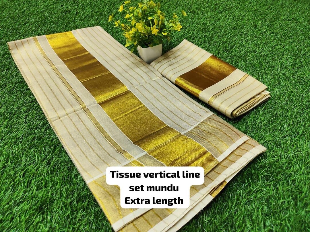 Traditional Kerala Golden ( Striped ) Tissue Set Mundu - Etsy