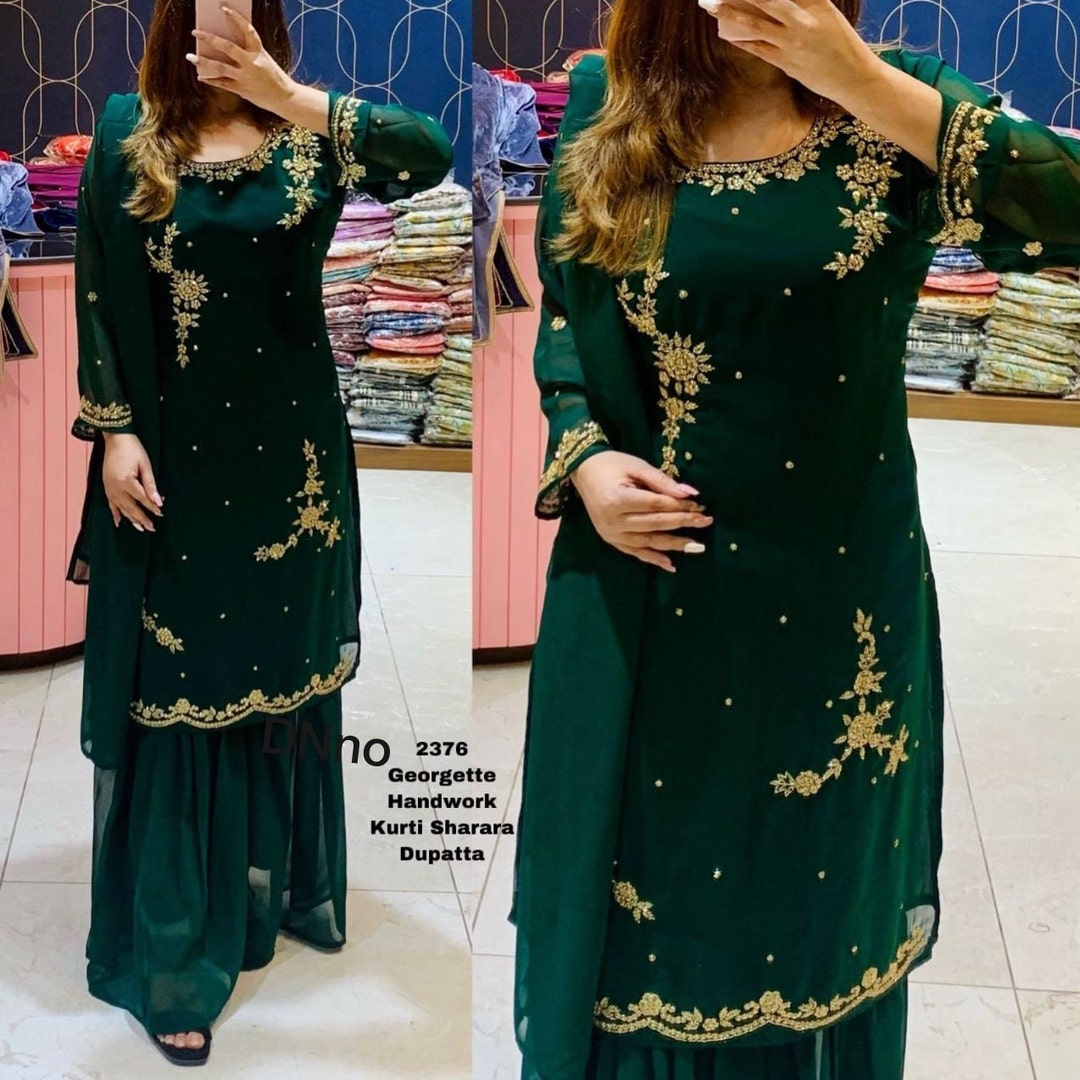 Dark Green Jorjet Sharara Model Suit Golden Hand Work - Etsy