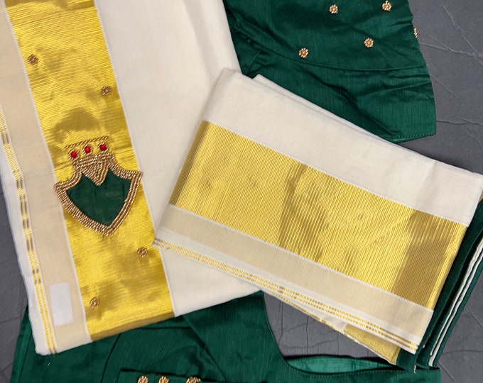 Traditional Kerala Golden Tissue Set Mundu With Stitched Blouse - Etsy
