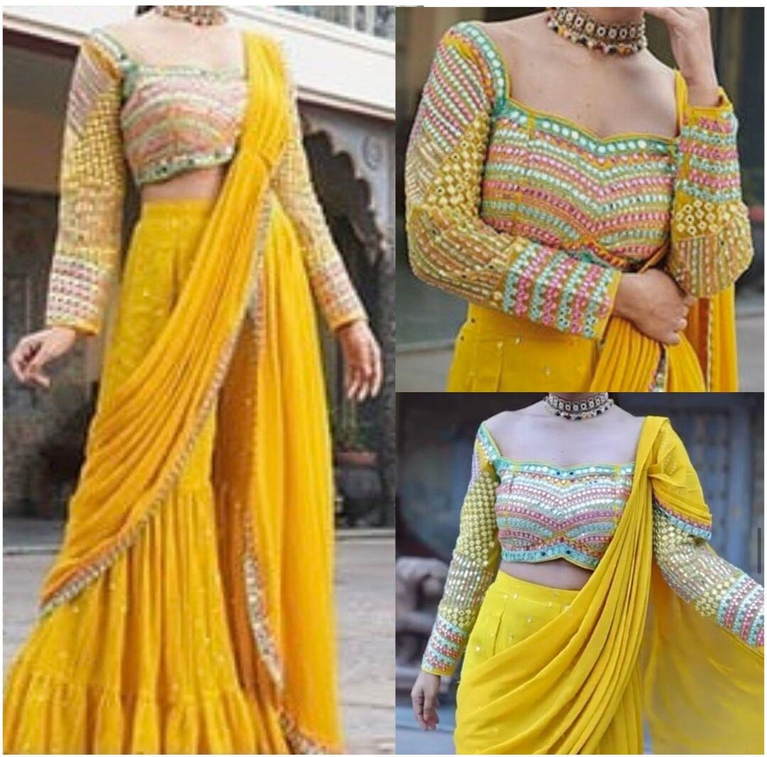 Yellow Indo-western Palazzo Pant Sharara Set Multi-color Sequin Blouse ...