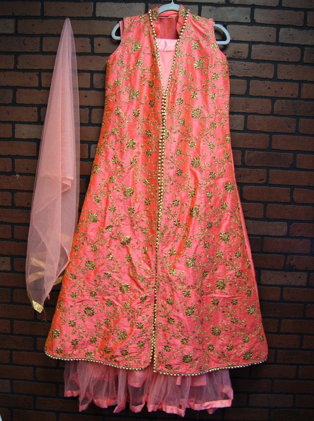 Indian Salwar Kameez Suit Churidar Floral Pink Peach Gold Embroidery ...