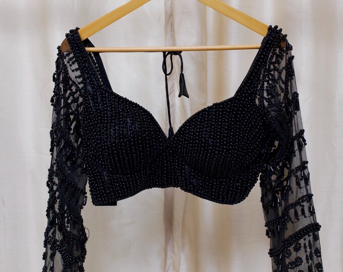 Black Long Sleeve Fully Embellished Sweetheart Neck Blouse Choli - Etsy