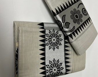 Traditional Kerala Silver Tissue Set Mundu With Black Border - Etsy