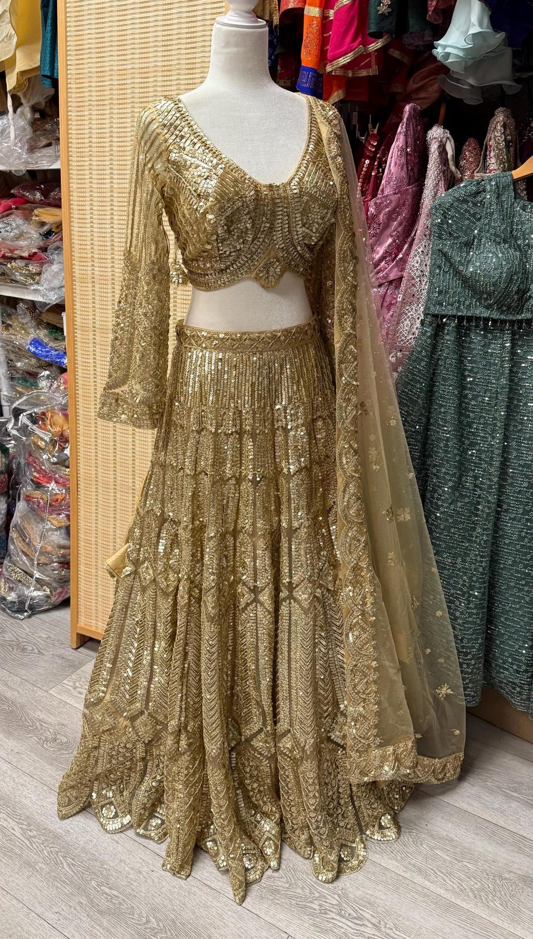 Gold Heavily Embroidered Long Sleeve Lehenga Choli Bridal Wedding Guest ...