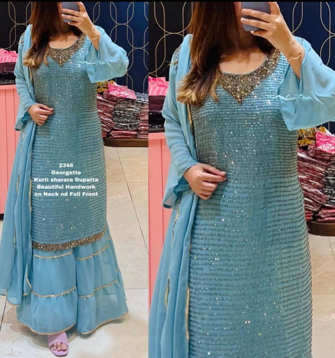 Light Blue Sharara Model Suit With Golden Hand Work - Etsy