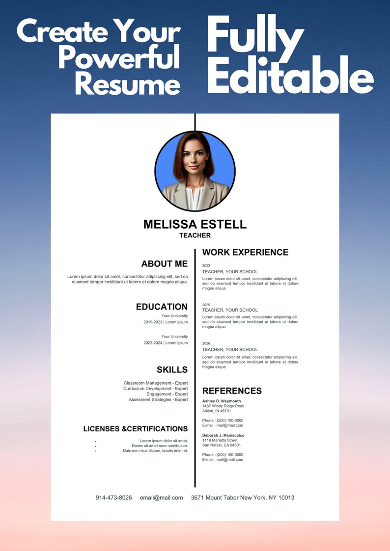 ATS Friendly Teacher CV Template | Editable Resume Design for Canva ...
