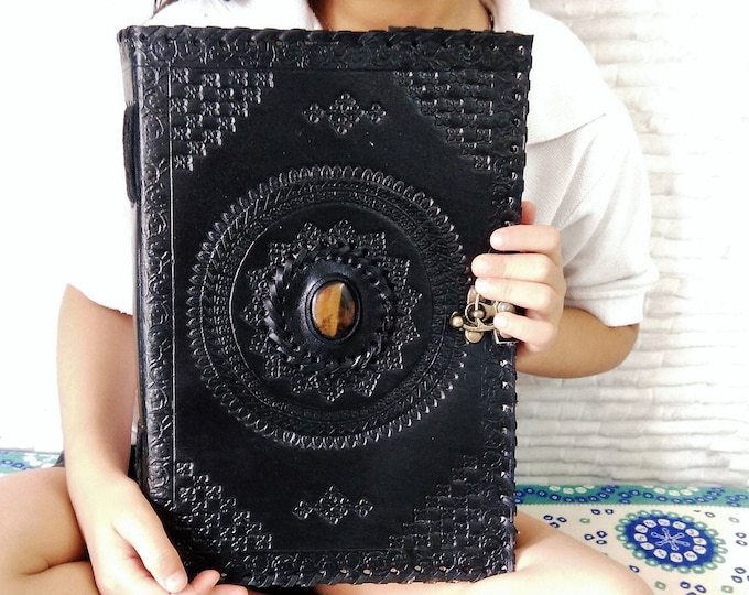 Large Leather Journal With Lock Embossed Handmade Leather | Etsy