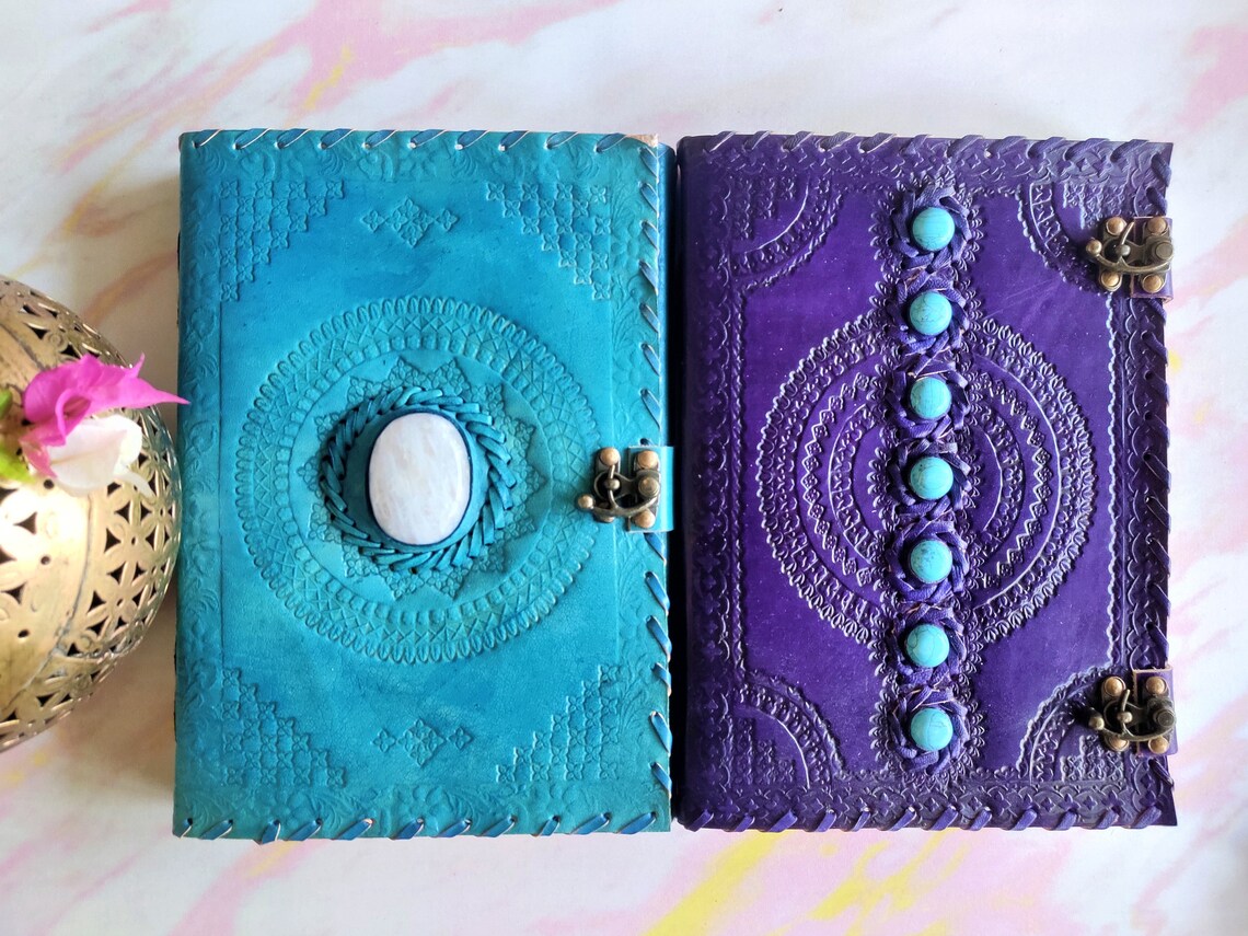 Pack of 2 Large Embossed Leather Journals With Lock, Seven Stone ...