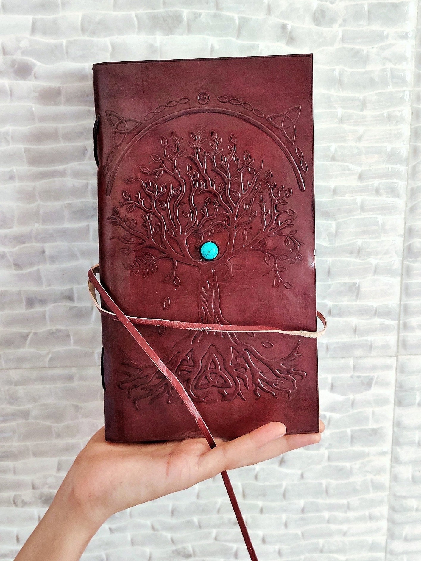 Embossed Tree Leather Journal with Stone Grimoire Journal | Etsy