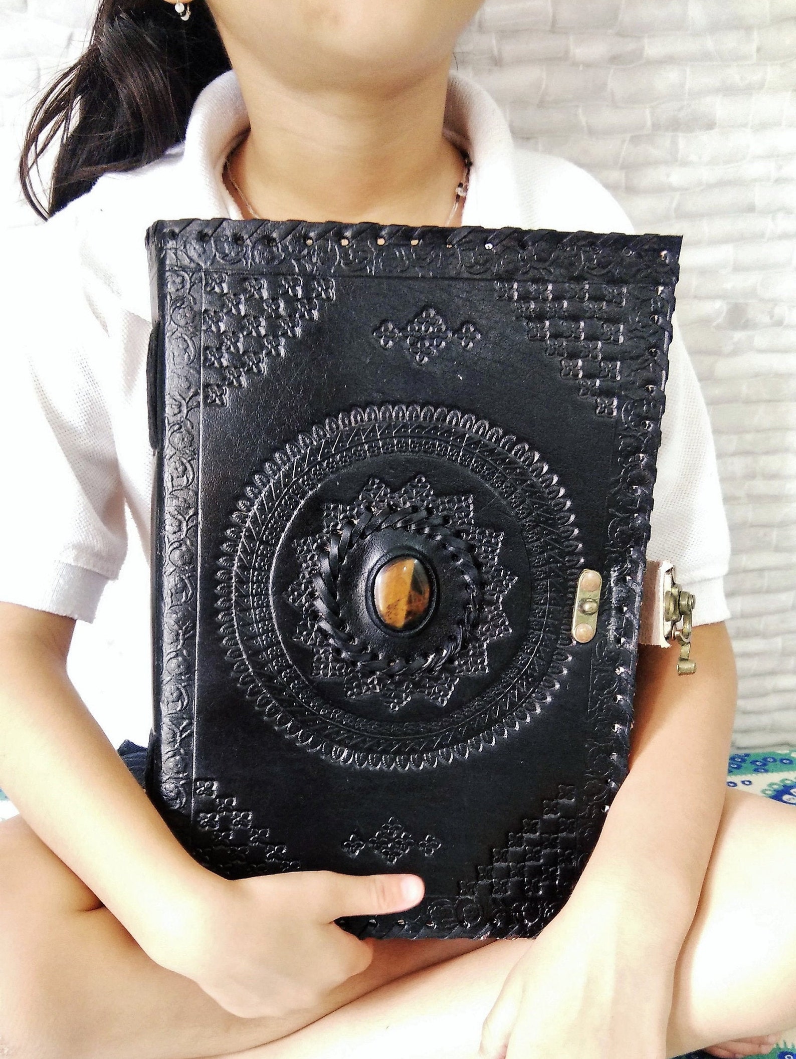 Large Leather Journal With Lock Embossed Handmade Leather - Etsy UK