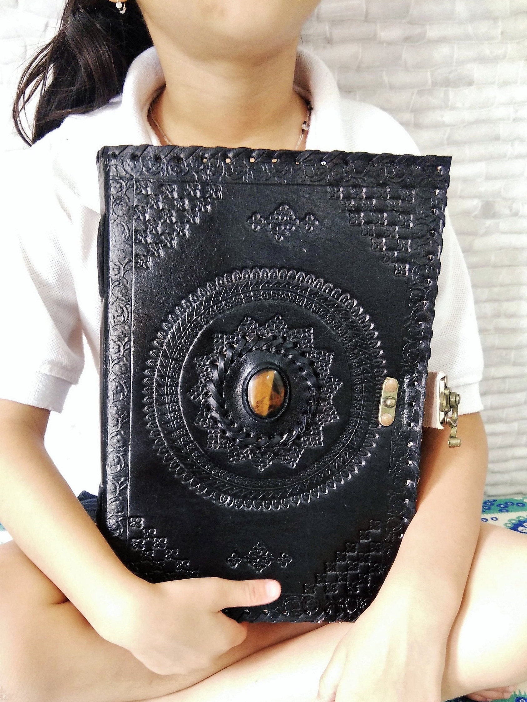 Large Leather Journal With Lock Embossed Handmade Leather - Etsy UK