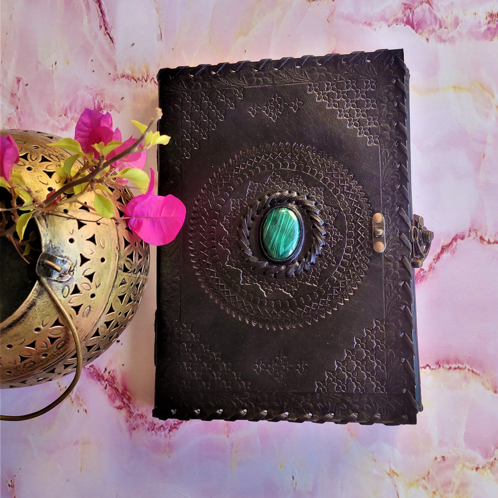 Large Leather Journal With Lock, Embossed Handmade Leather Grimoire ...
