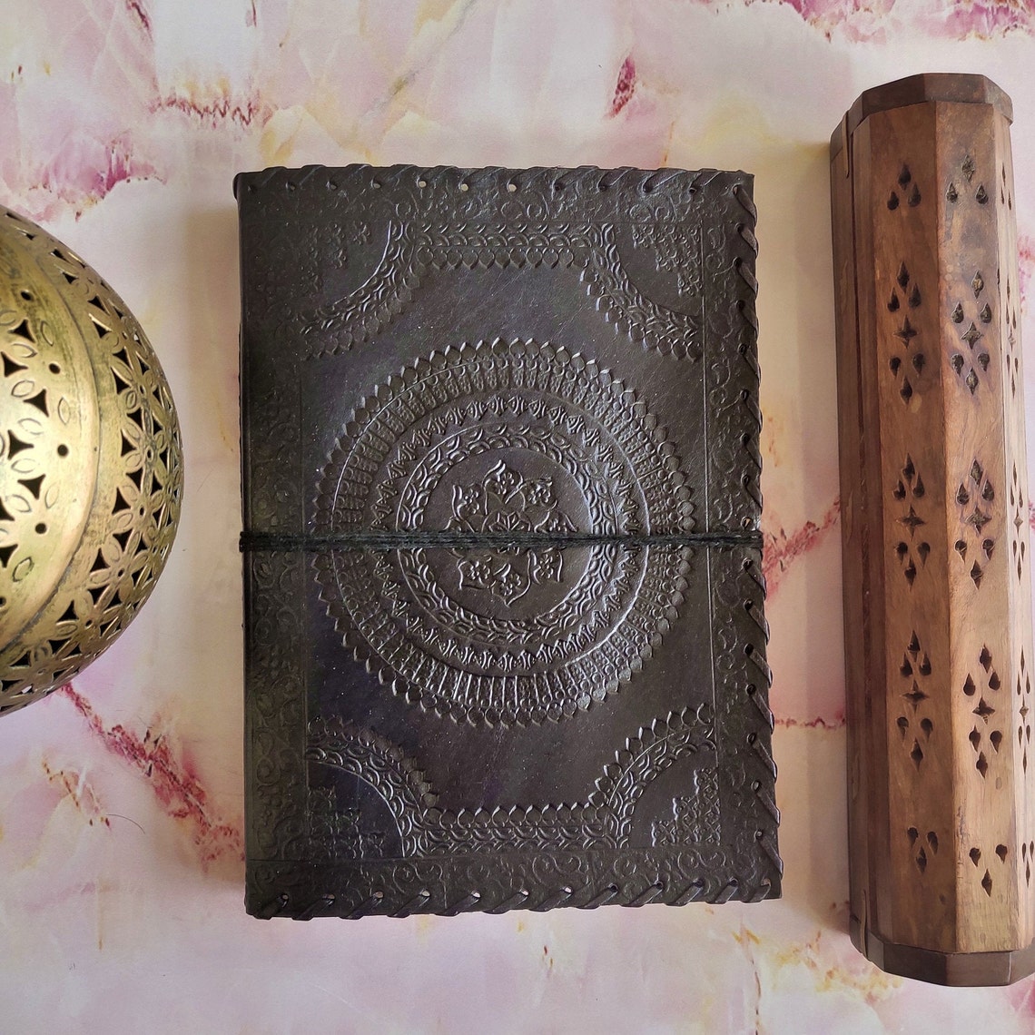 Large Embossed Black Leather Journal With Thread Book of - Etsy