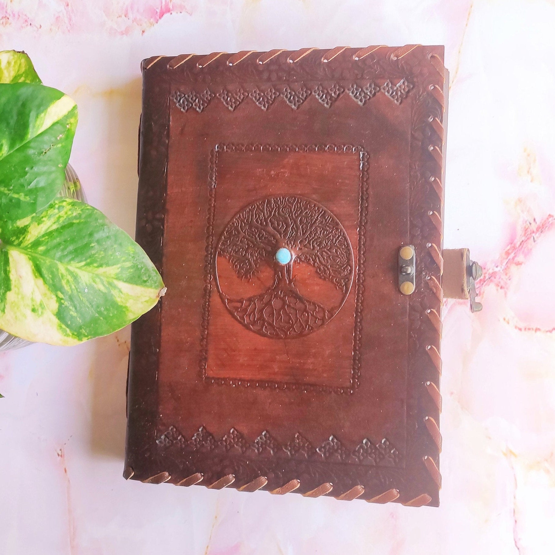 Large Tree Embossed Leather Journal with Stone Spell Book | Etsy