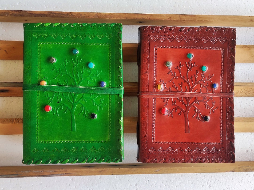 Pack of 2 Large Leather Journals, Tree Embossed Journal With Stones ...