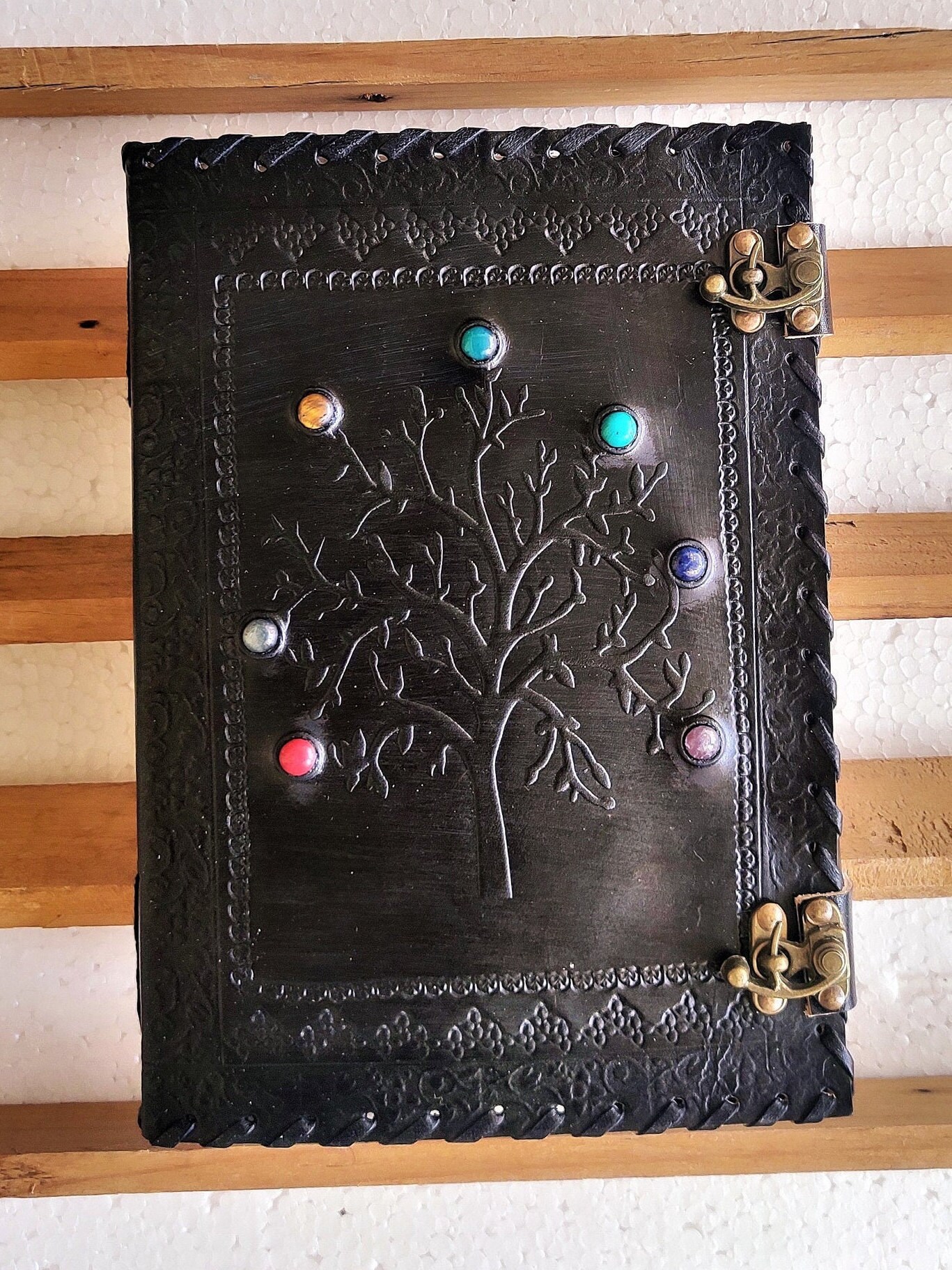Large Seven Stone Journal with Lock Tree Embossed Leather | Etsy