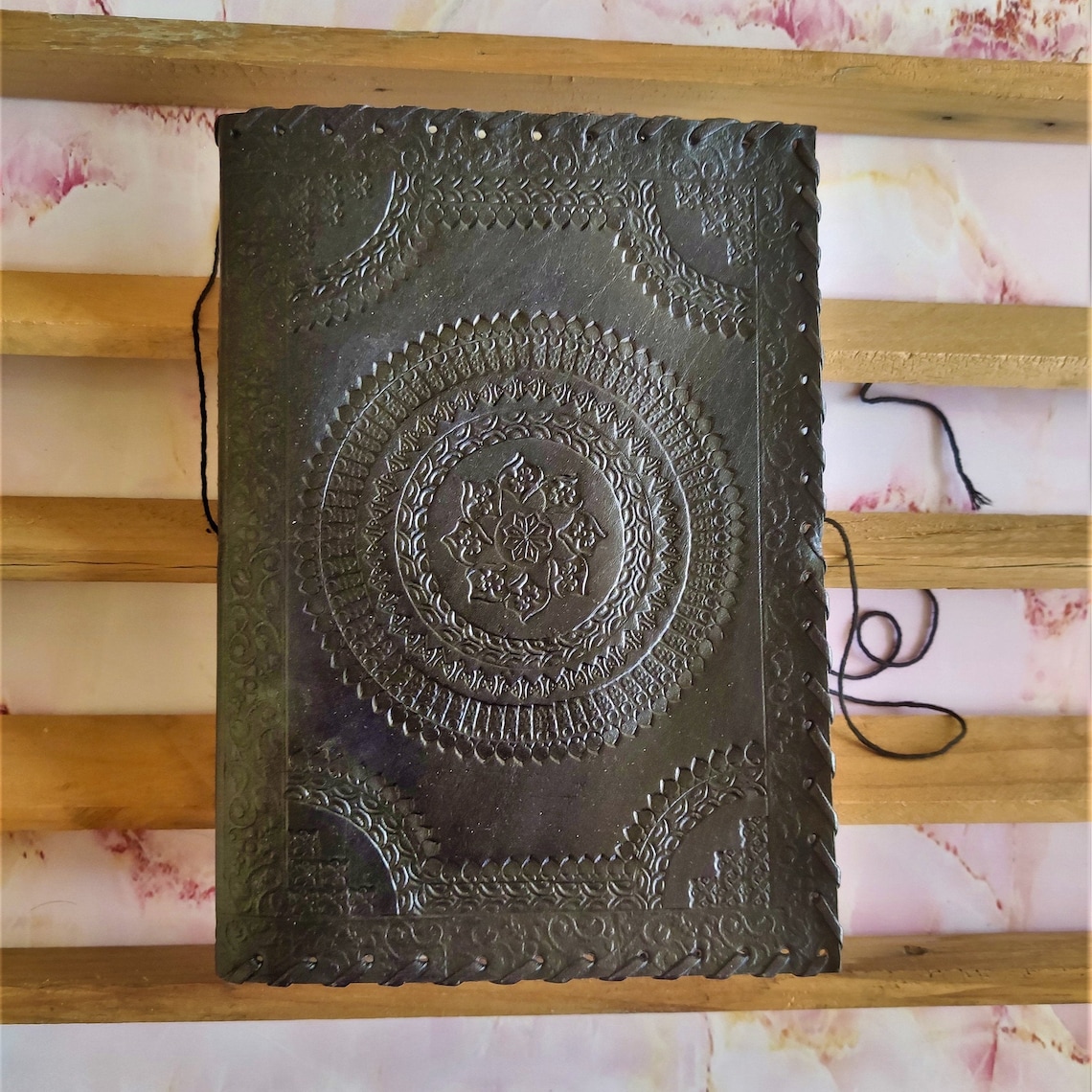 Large Embossed Black Leather Journal with Thread Book Of | Etsy