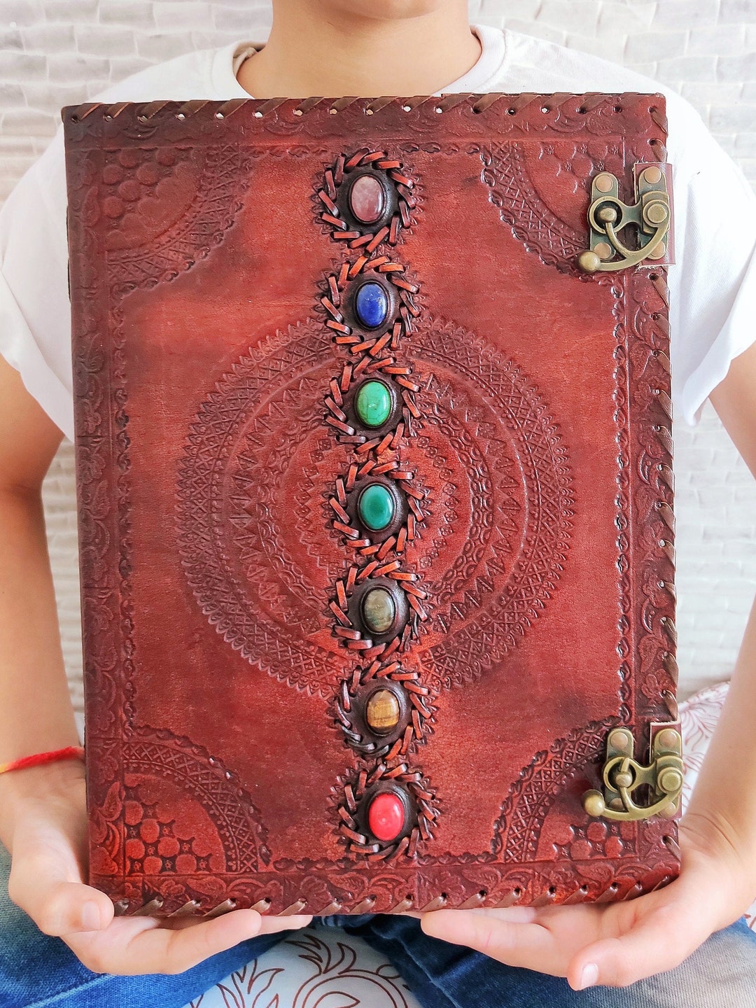 13x10 Large Leather Journal, Chakra Seven Stone Journal, Grimoire ...
