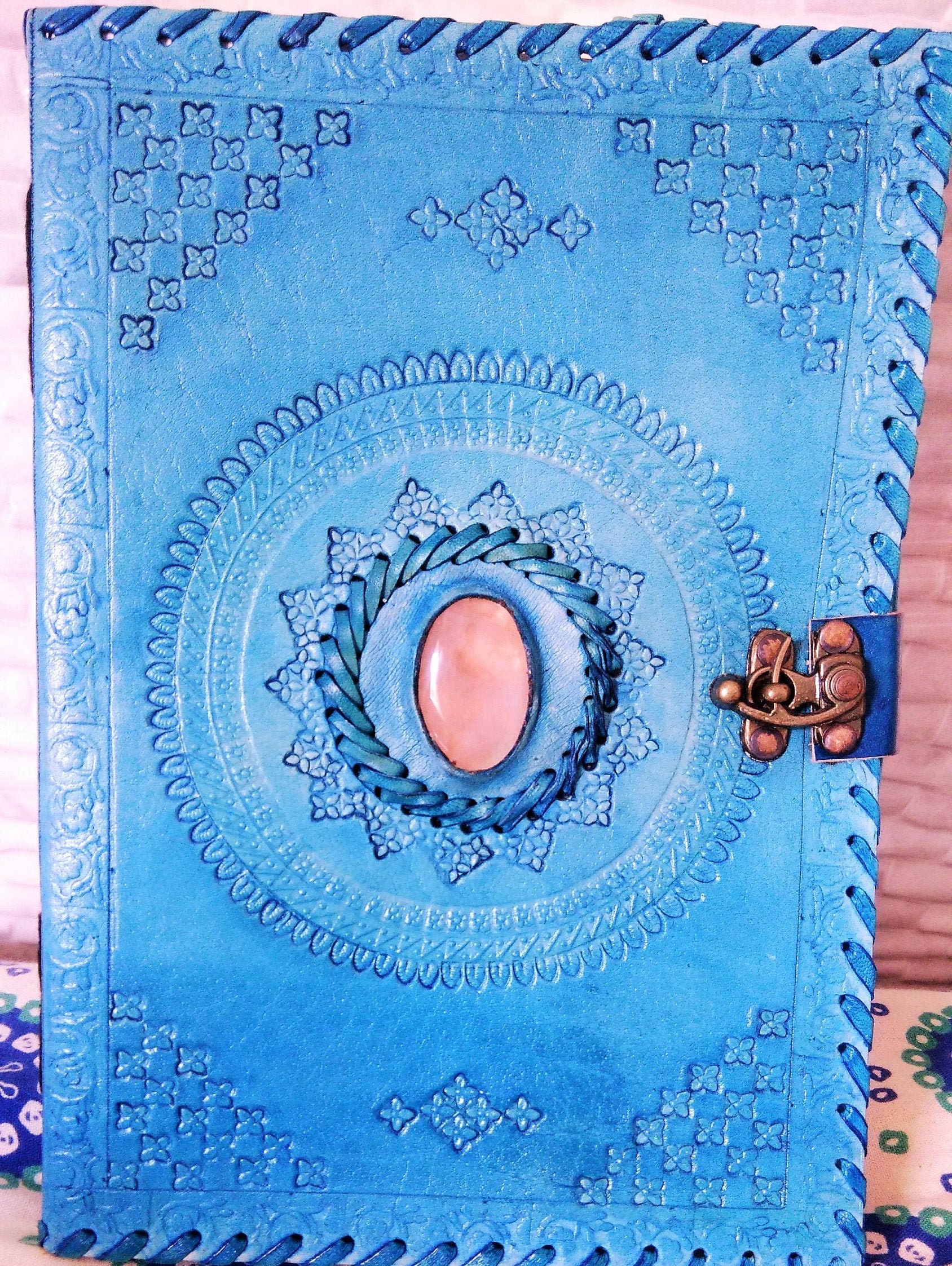 Large Handmade Embossed Blue Leather Journal Notebook with | Etsy