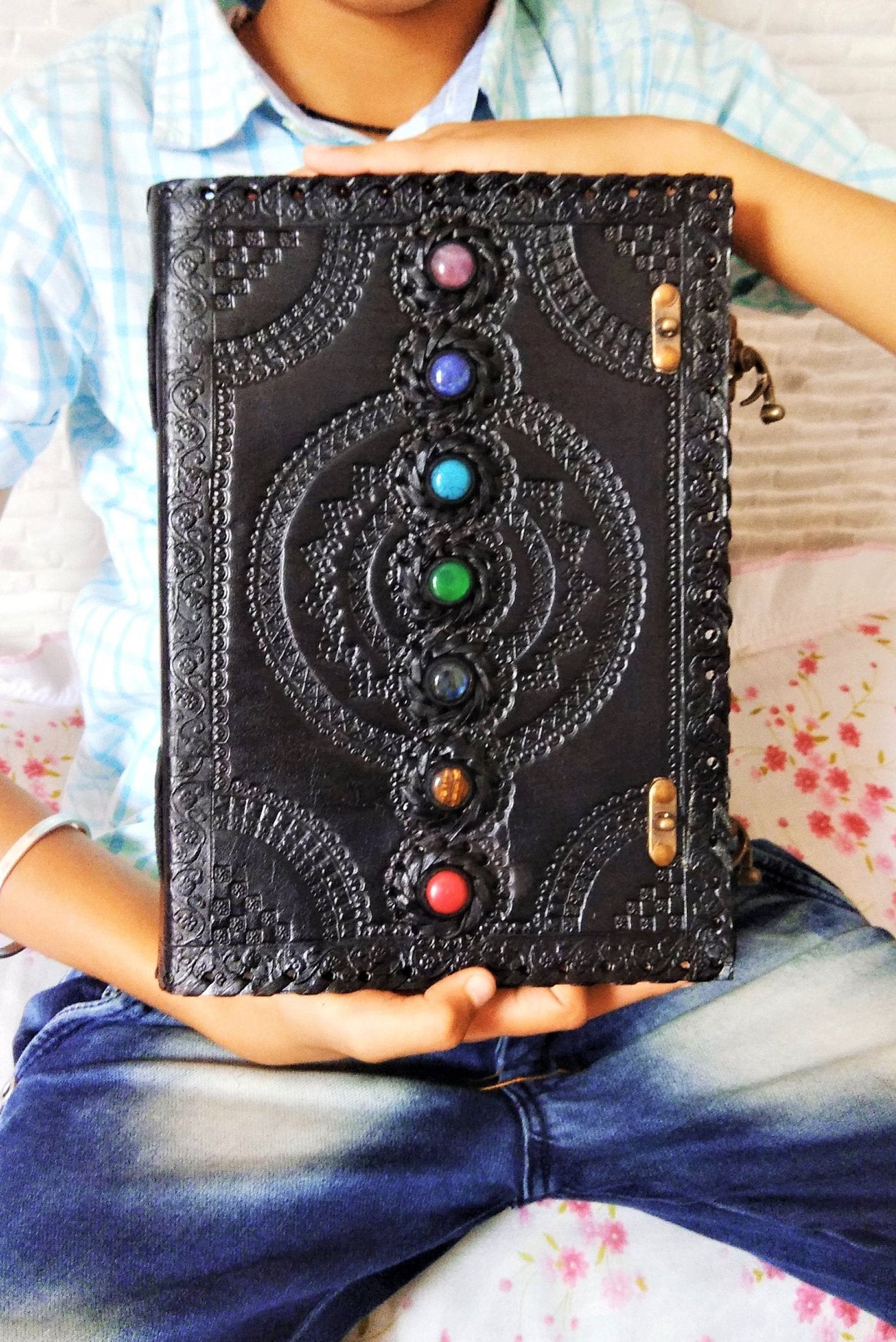 Seven Stone Chakra Leather Journal with Lock Embossed Leather | Etsy